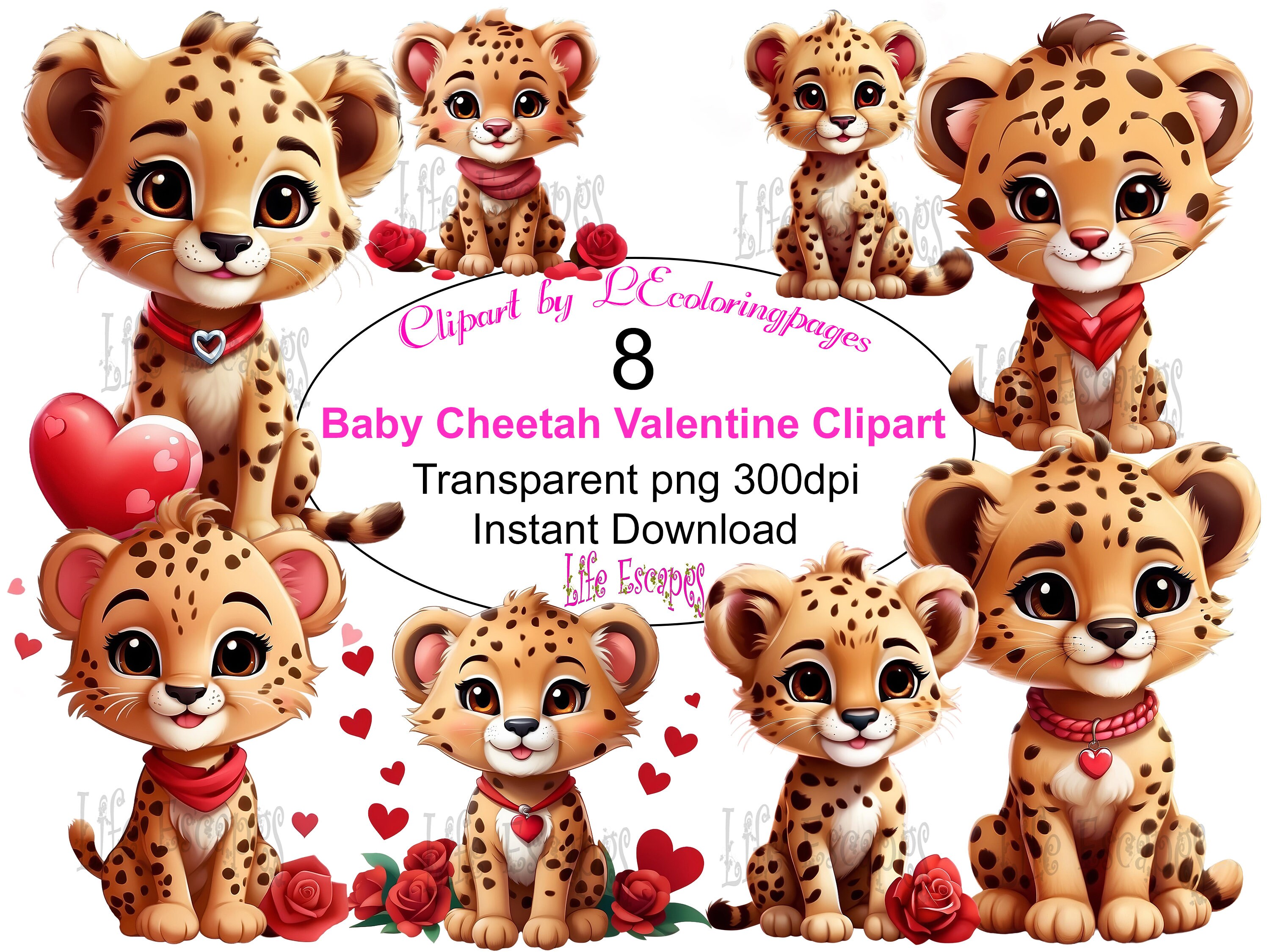 Baby Cheetah Valentine Clipart Set, Cute Animal Digital Download ...