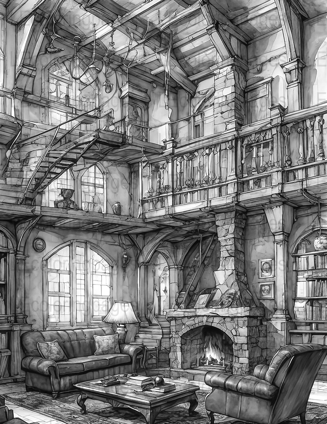Rustic Library Interior Grayscale Coloring Page, Cozy Fireplace Digital ...