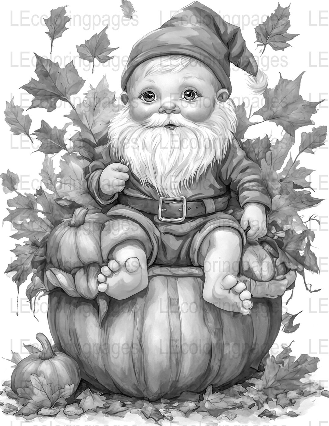 Autumn Gnome Grayscale Coloring Page for Adults 32 Printable Instant ...