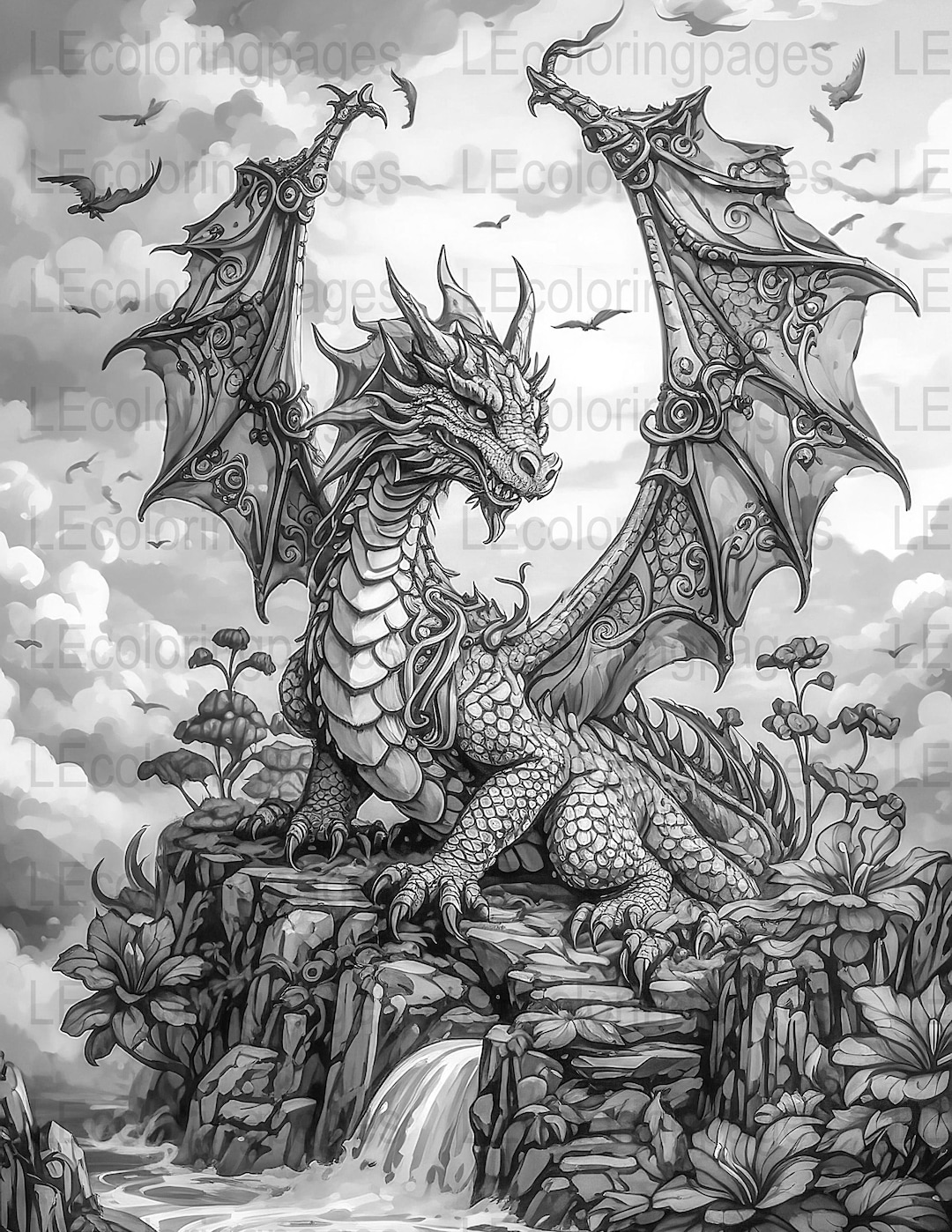 Majestic Dragon Grayscale Coloring Page for Adults, Fantasy Creature ...