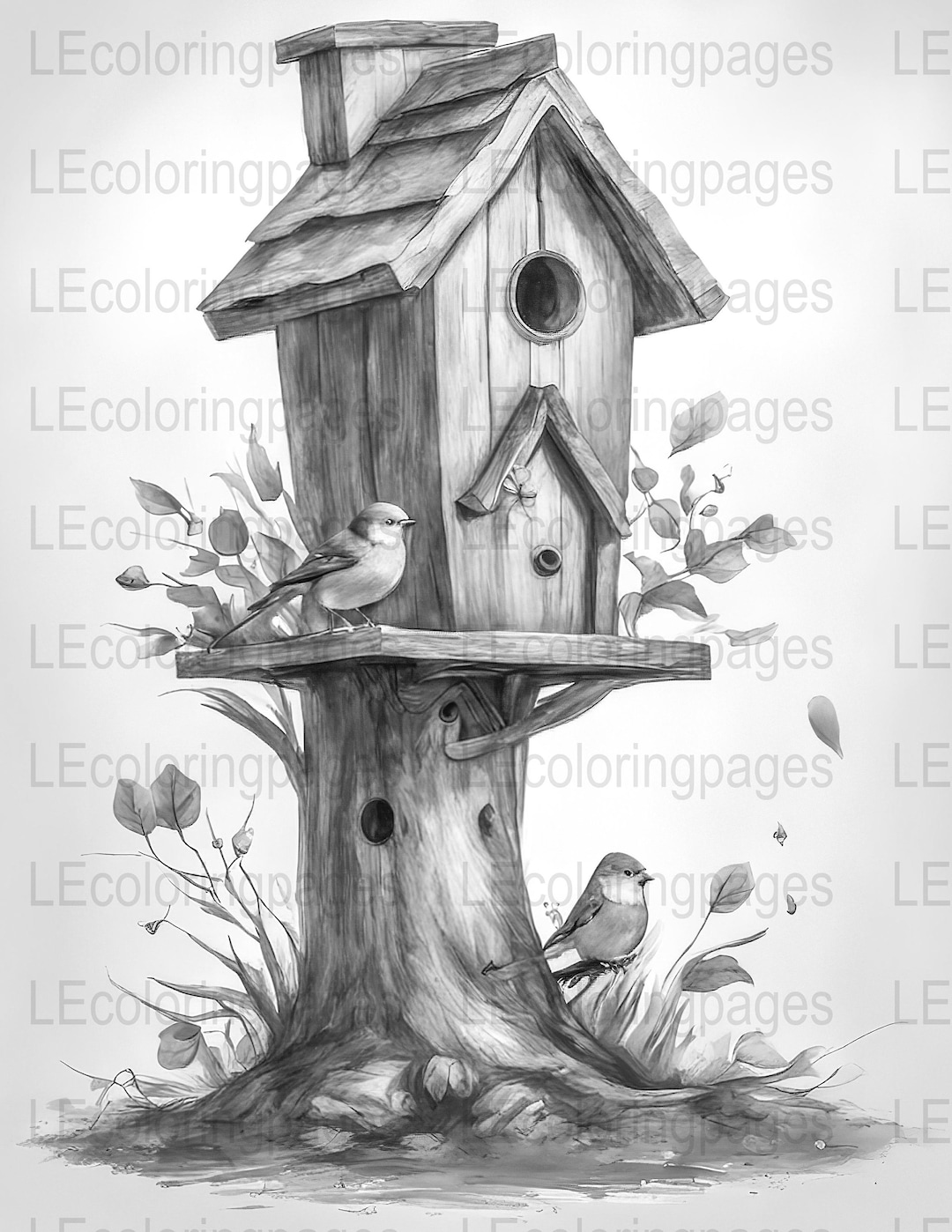 Country Birdhouse Grayscale Coloring Page #2 for Adults, PDF Instant ...