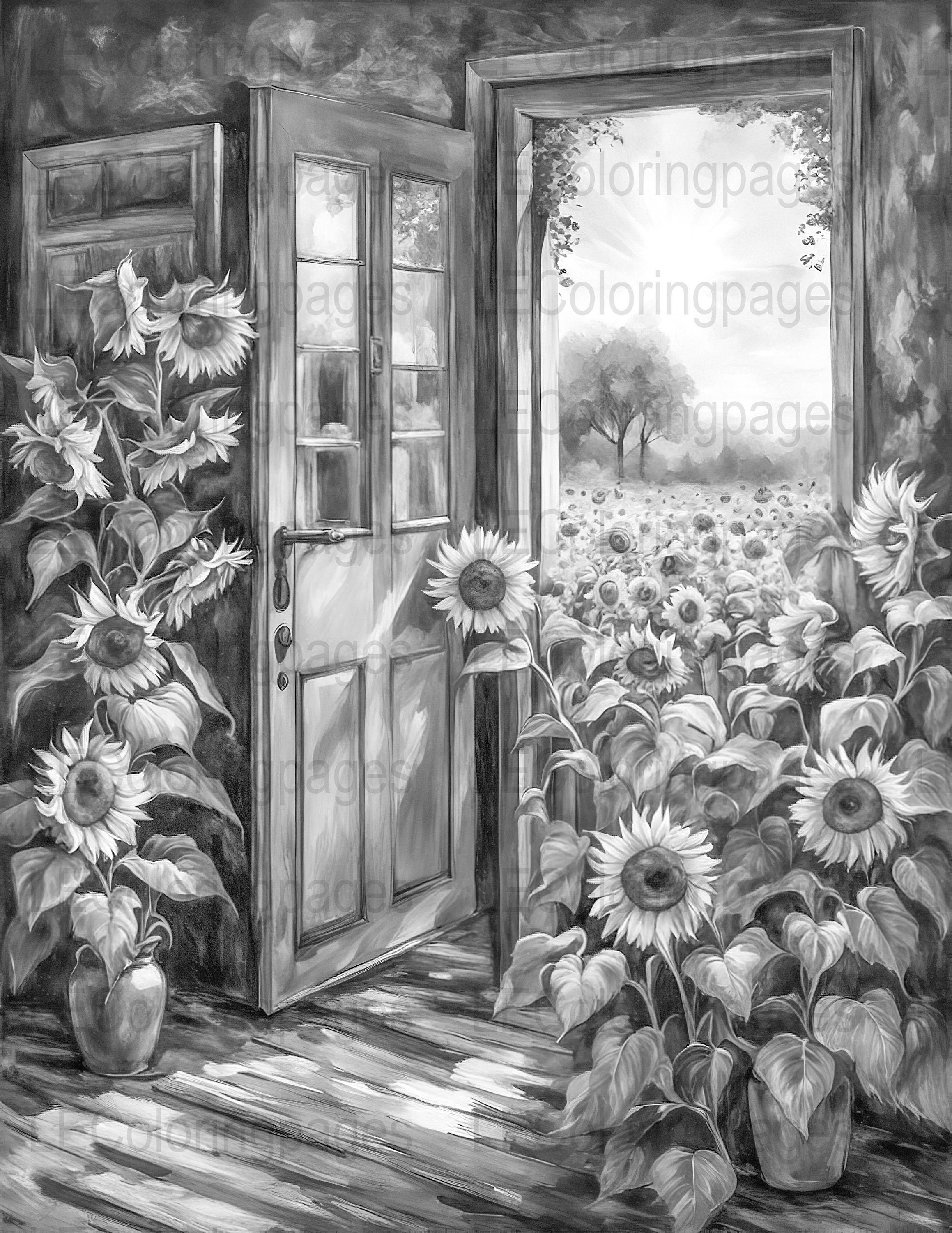 Sunflowers Grayscale Coloring Page for Adults 28 Instant - Etsy