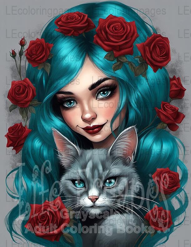 Gothic Cat Girl Grayscale Coloring Page for Adults 26 Instant Download ...