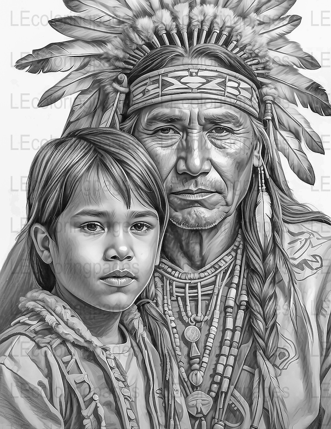 Grayscale Coloring Pages for Adults, Intricate Native American Portrait ...
