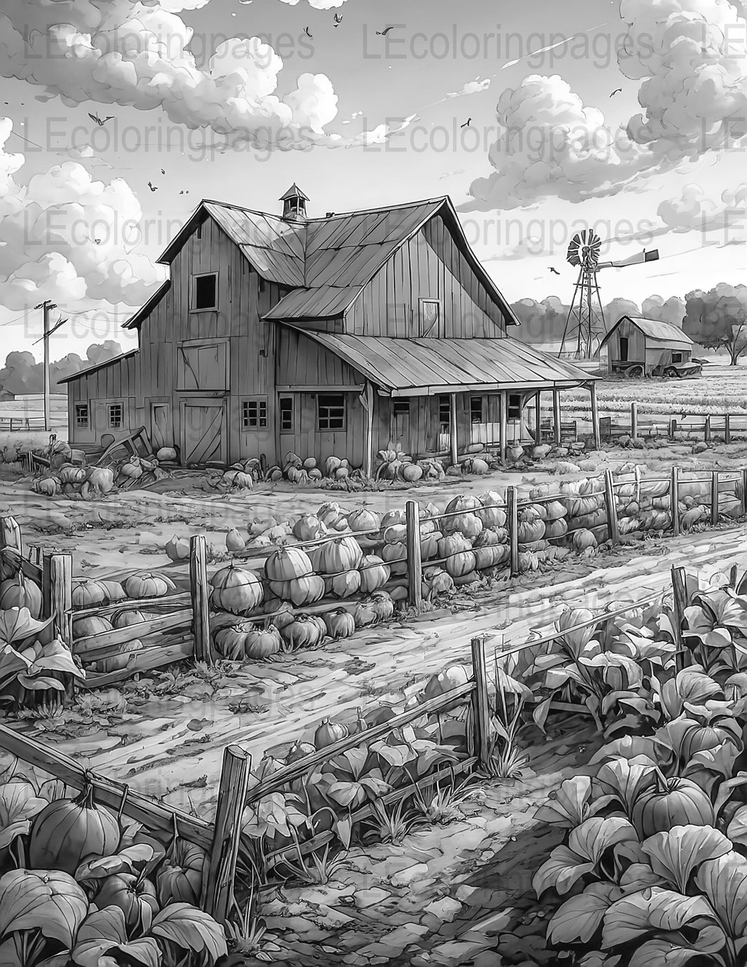 Grayscale Farmhouse Scene Adult Coloring Page, Printable Rustic Barn ...