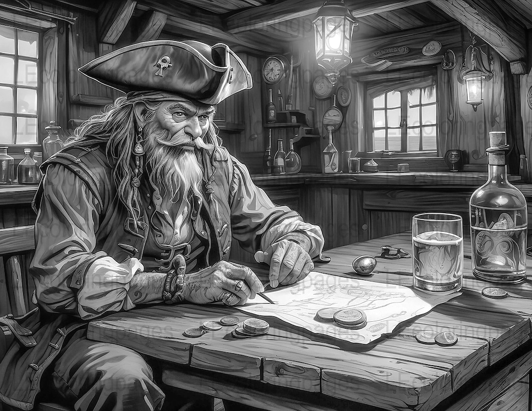 Grayscale Pirate Coloring Page for Adults, Printable Intricate Design ...