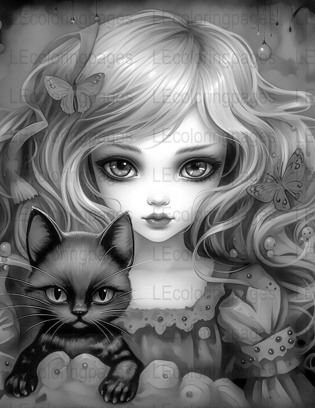 Gothic Cat Girl Grayscale Coloring Page for Adults #100 - Instant ...