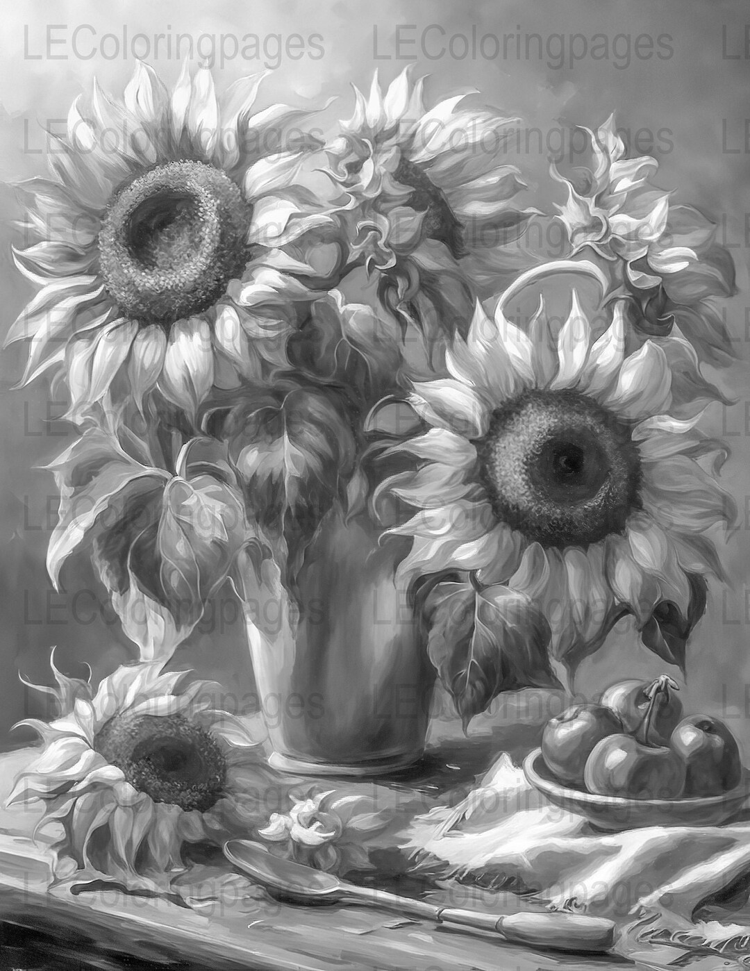 Sunflowers Grayscale Coloring Page for Adults 68 Instant Download ...