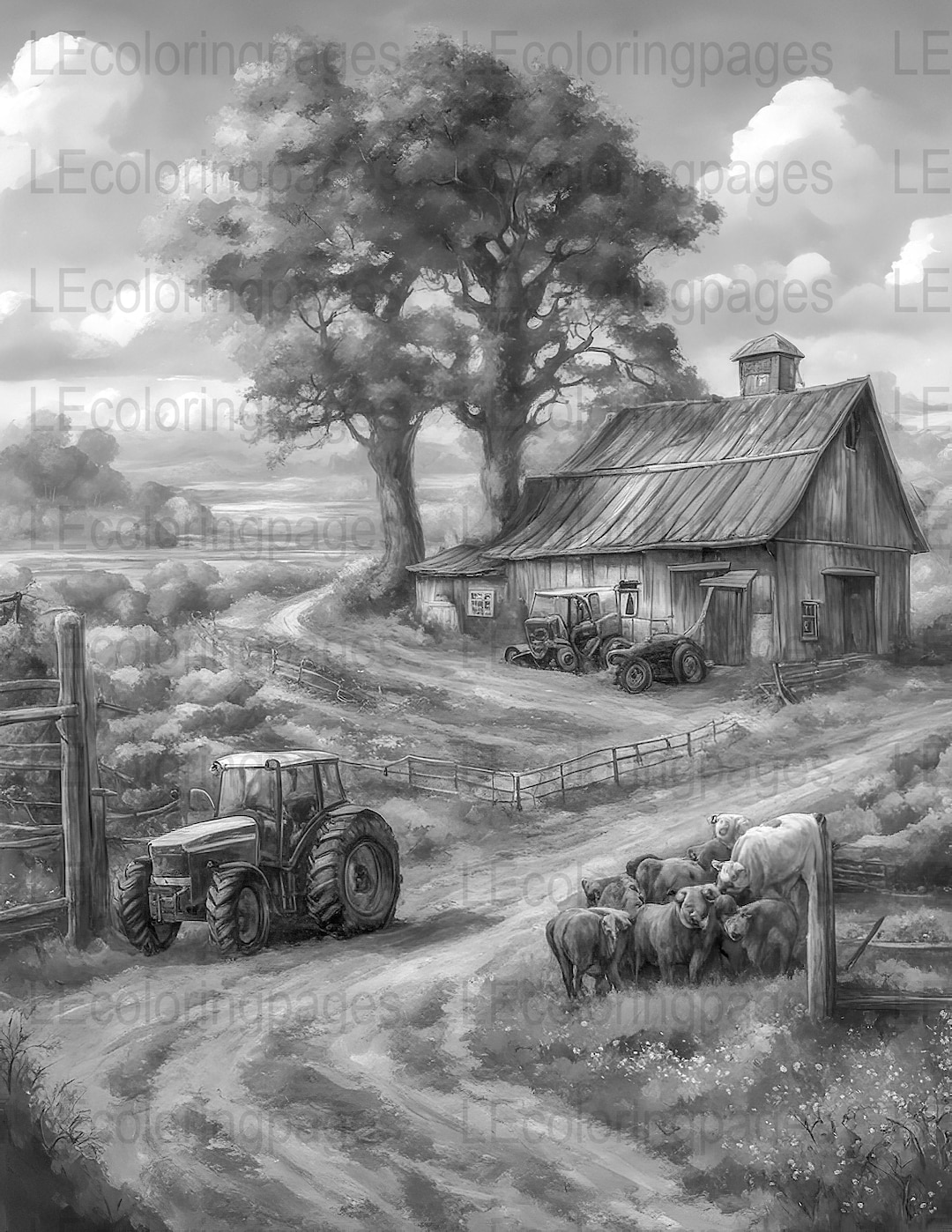 Farm Country Coloring Page for Adults, Rustic Barn and Tractor Scene ...