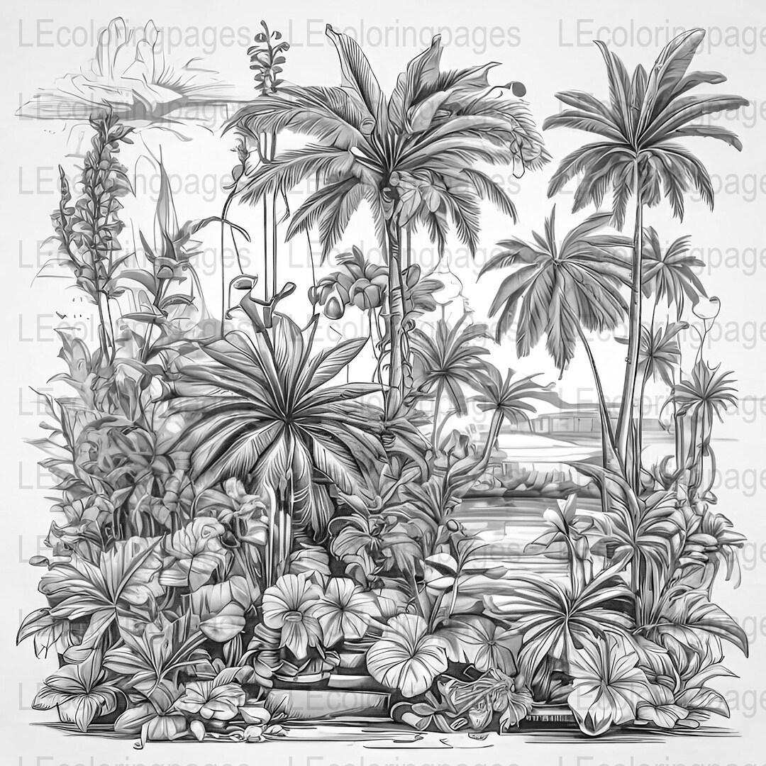 Tropical Paradise Coloring Page, Adult Stress Relief, Grayscale Palm ...