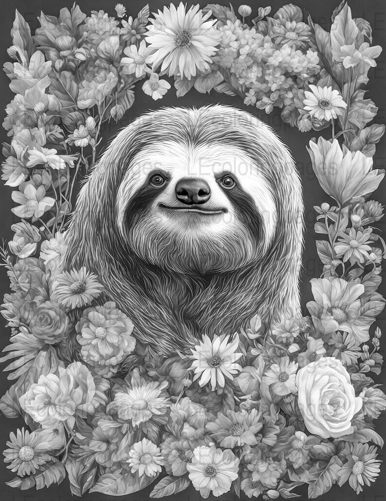 Adult Coloring Page Printable, Grayscale Sloth Floral Digital Download ...