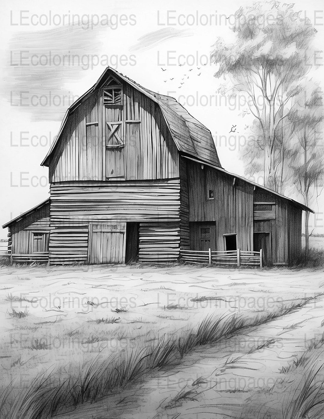 Rustic Farmhouse Grayscale Coloring Page for Adults, Relaxing ...