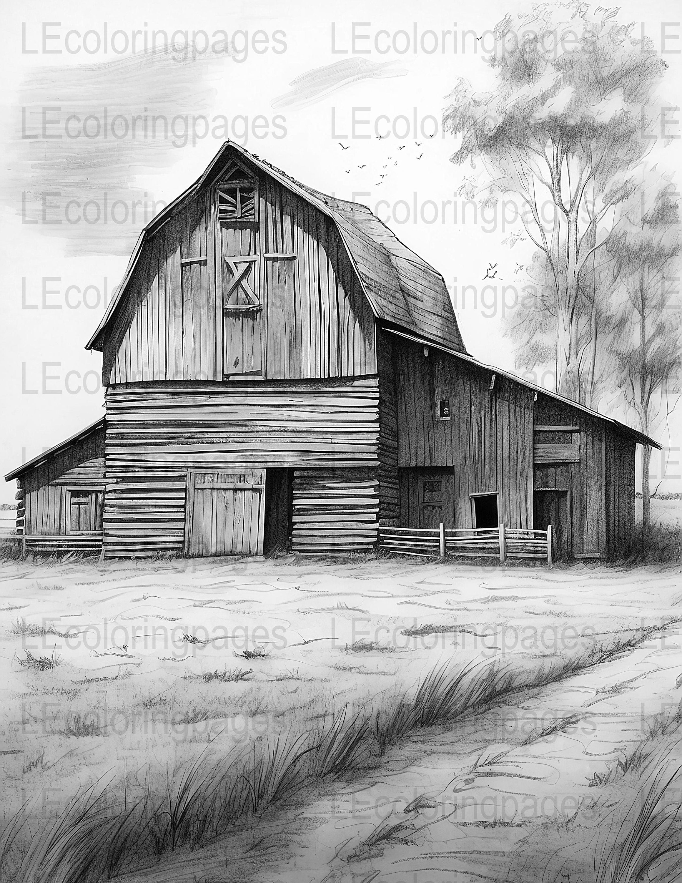 Rustic Farmhouse Grayscale Coloring Page for Adults, Relaxing ...