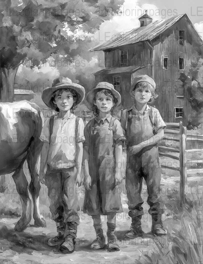 Farm Country Coloring Page for Adults, Rustic Grayscale Scene, Relaxing ...