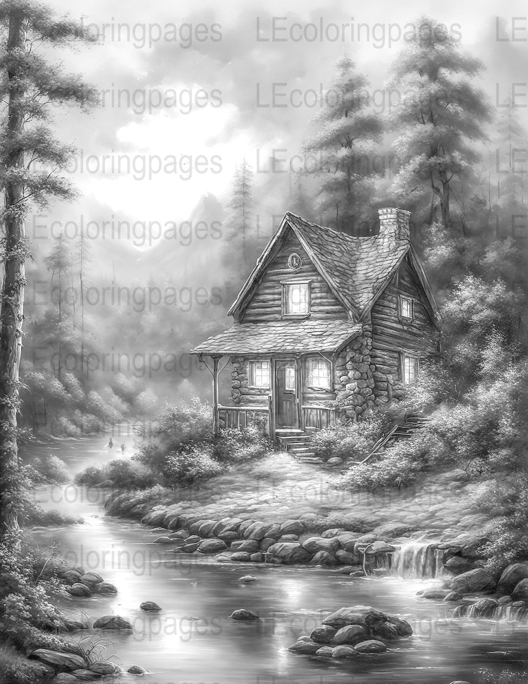 Hunting Cabin Grayscale Coloring Page for Adults #78 - Instant Download ...
