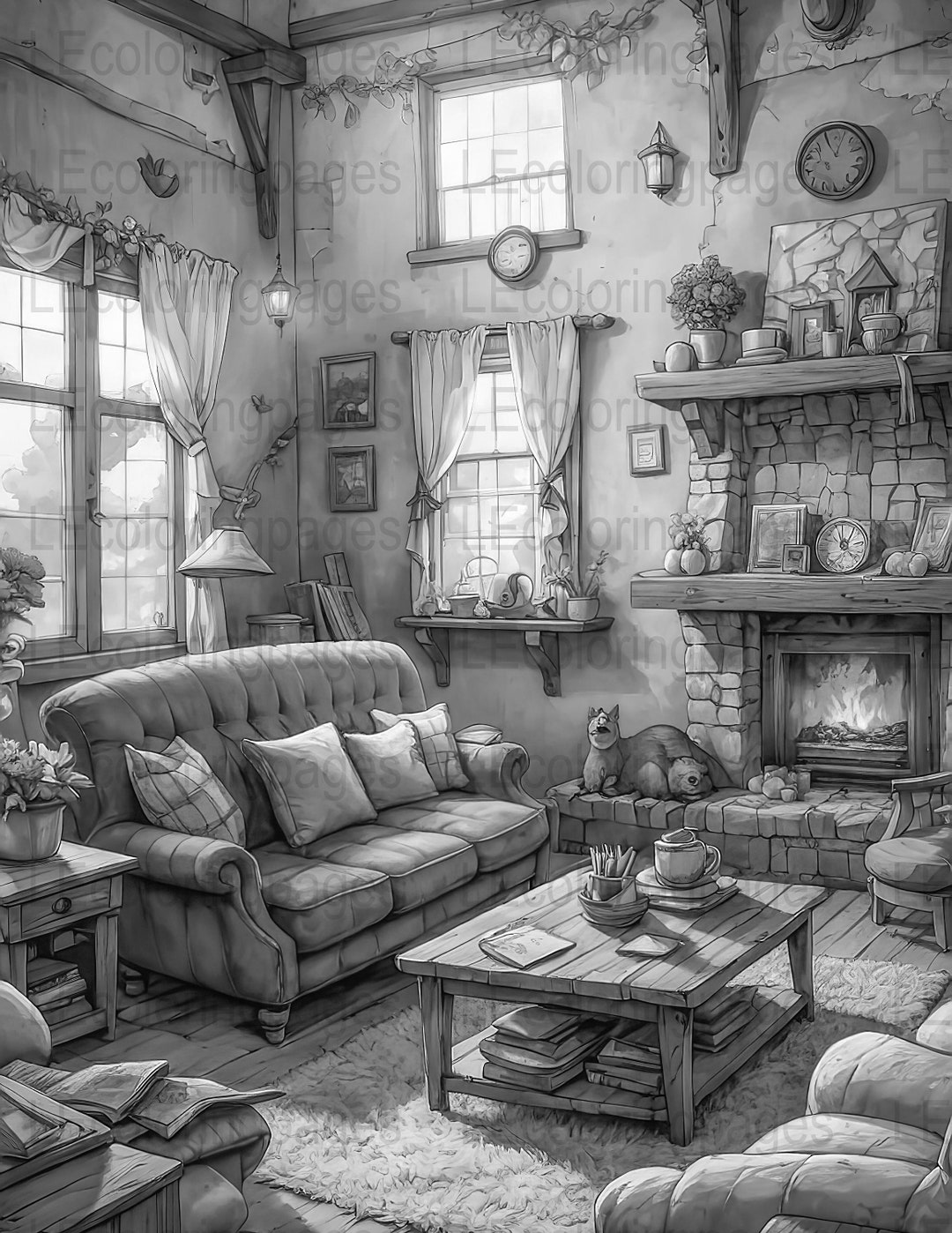 Cozy Living Room Scene Adult Coloring Page, Grayscale Digital JPG ...