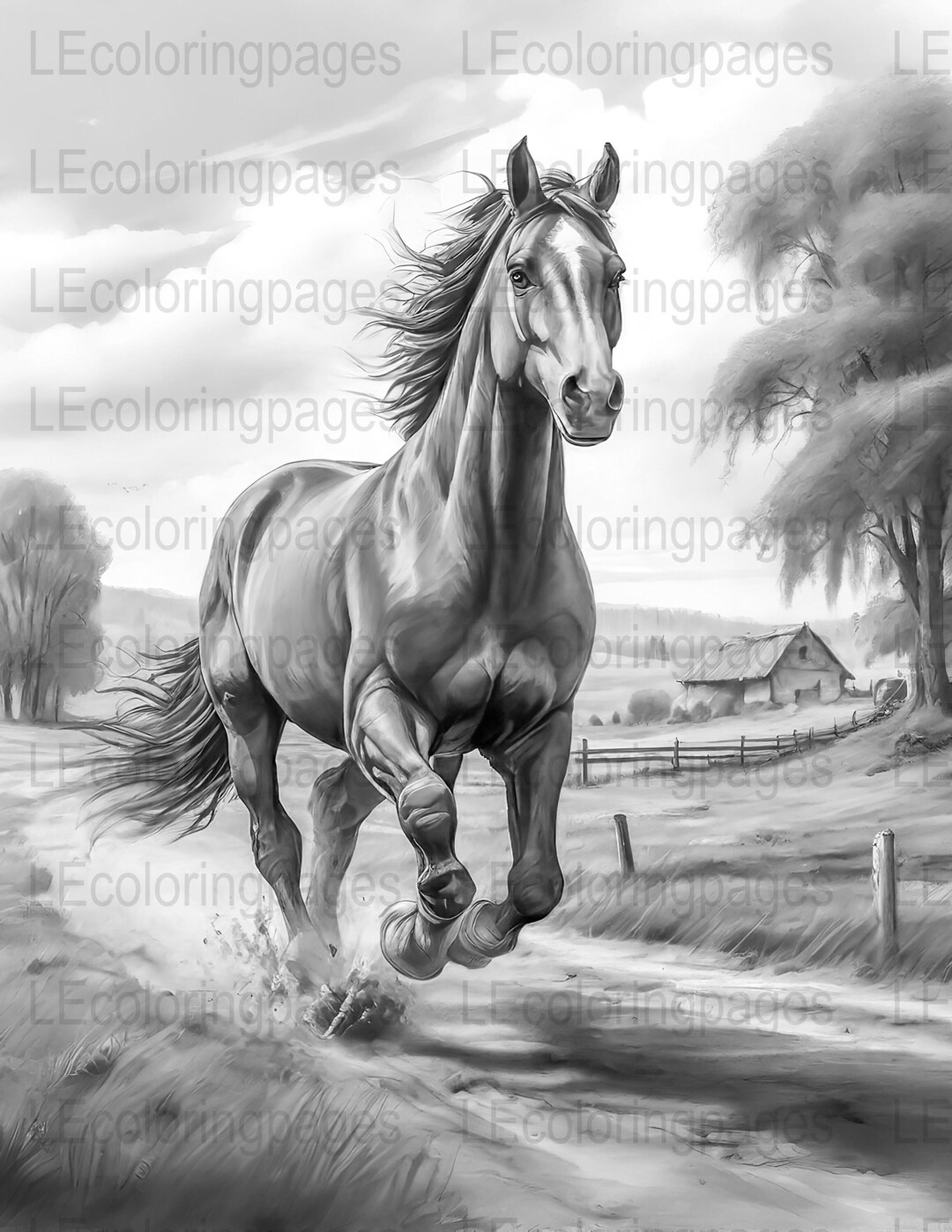 Majestic Horse Grayscale Coloring Page for Adults, Printable Stress ...