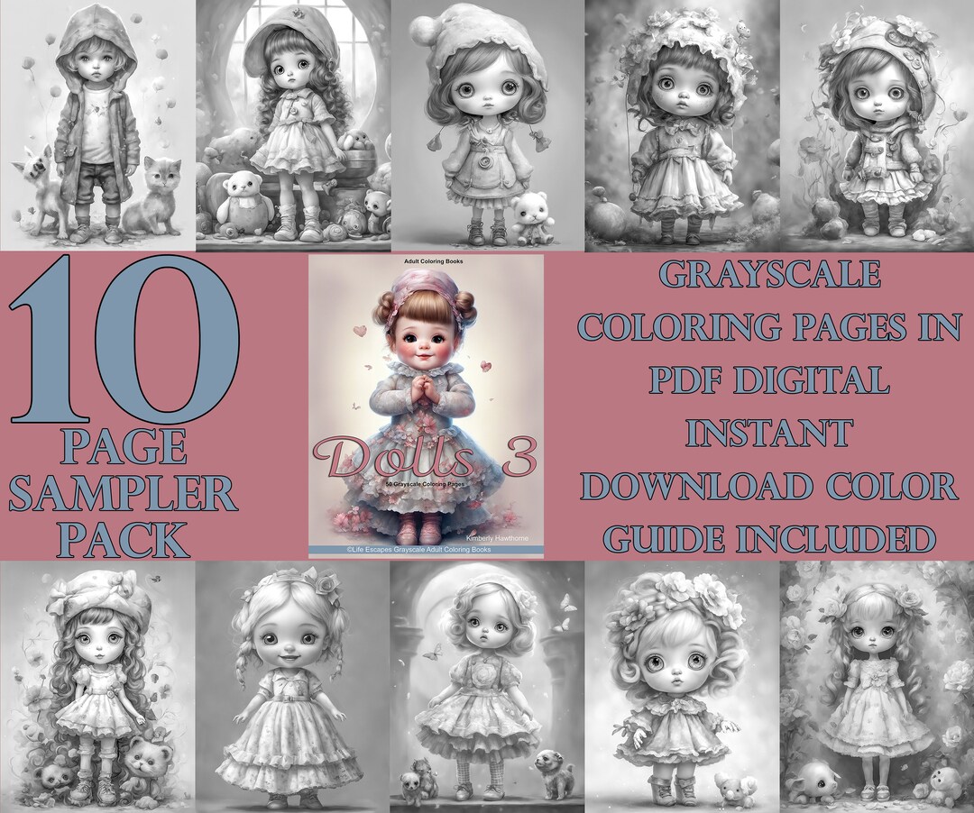 Dolls 3, 10 Grayscale Coloring Pages, Instant Download PDF Digital Art ...