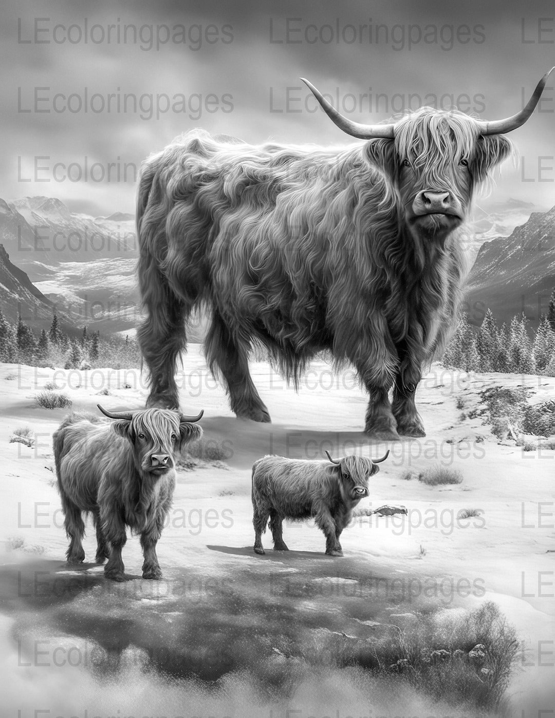 Rustic Farm Animal Adult Coloring Page, Highland Cows, Grayscale ...