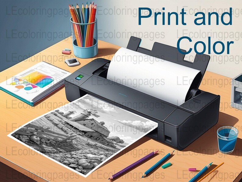 Rustic Farmhouse Grayscale Coloring Page, Printable Barn and Windmill ...