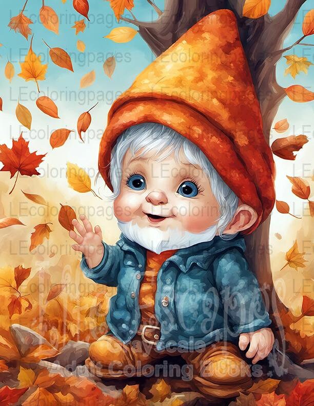 Autumn Gnome Grayscale Coloring Page for Adults 92 - Etsy