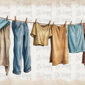 Vintage Laundry Clothesline Clipart Set, Watercolor Clothes ...