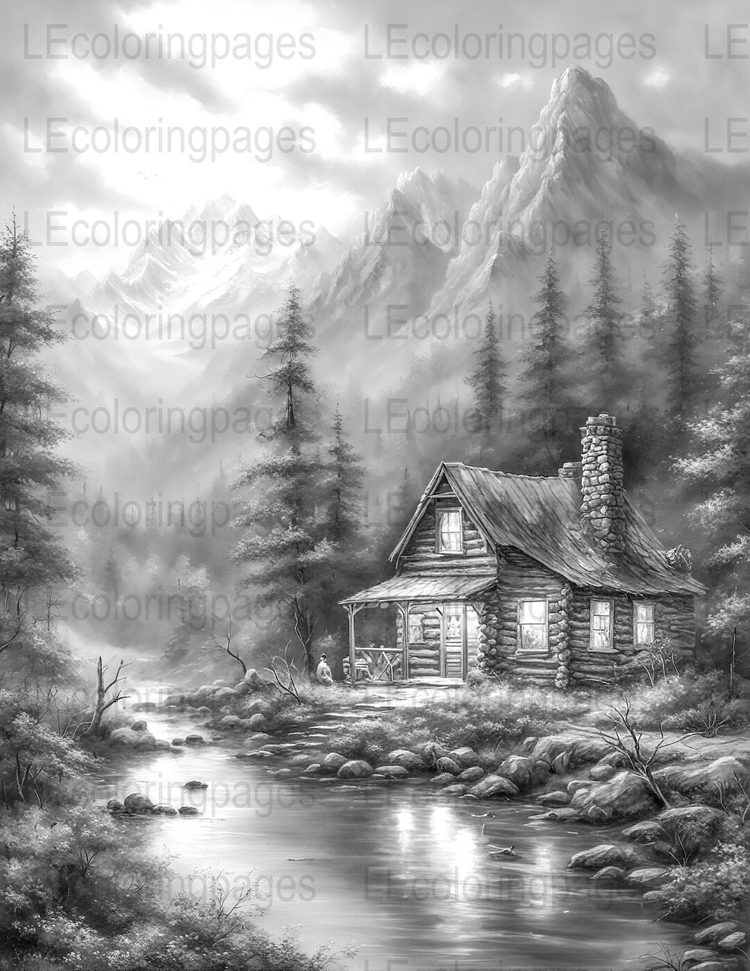 Hunting Cabin Grayscale Coloring Page for Adults 18 Instant Download ...