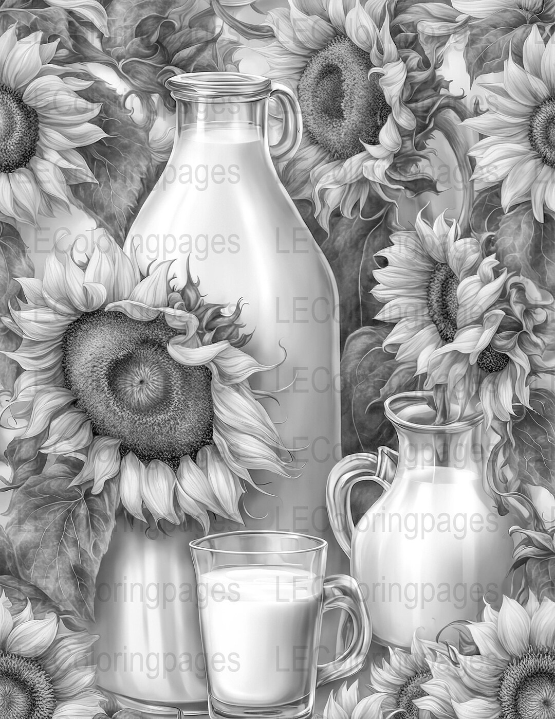 Sunflowers Grayscale Coloring Page for Adults #38 Instant Download ...