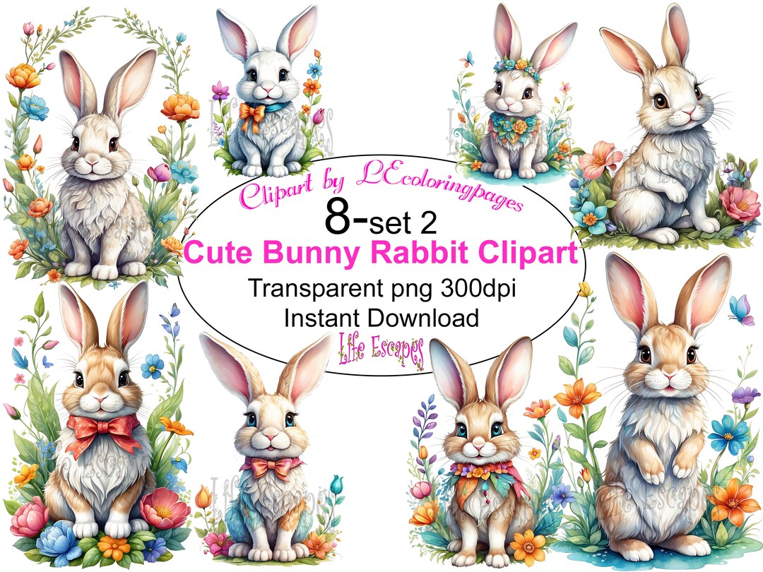 Cute Bunny Clipart Set, Floral Rabbit Illustrations, Digital Download ...