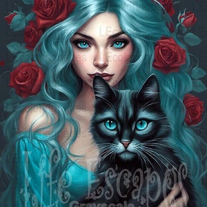 Gothic Cat Girl Grayscale Coloring Page for Adults #22 - Instant ...