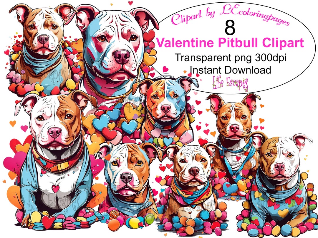 Valentine Pitbull Clipart Set, Cute Dog Digital Art, Love Hearts Animal ...