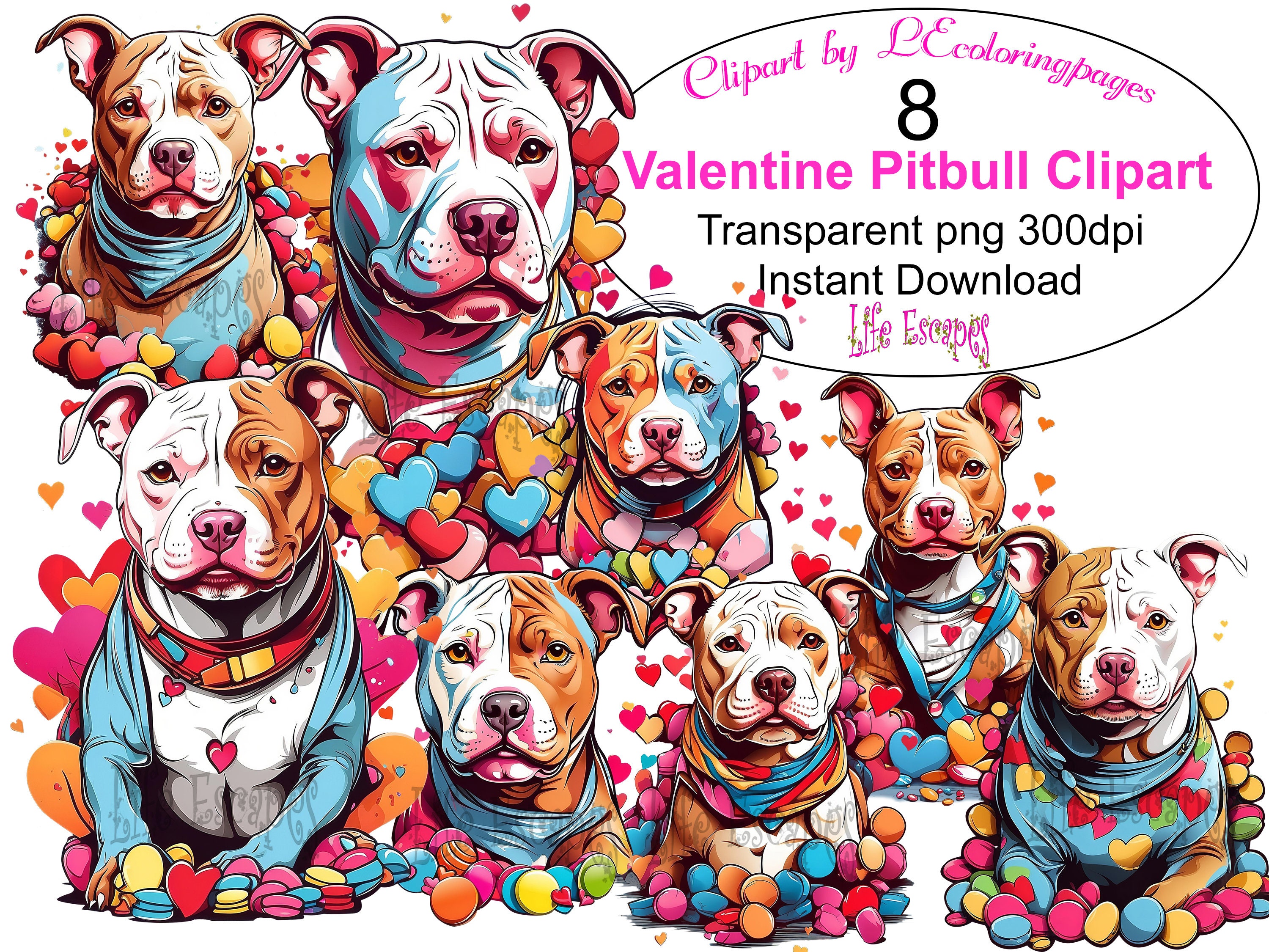 Valentine Pitbull Clipart Set, Cute Dog Digital Art, Love Hearts Animal ...