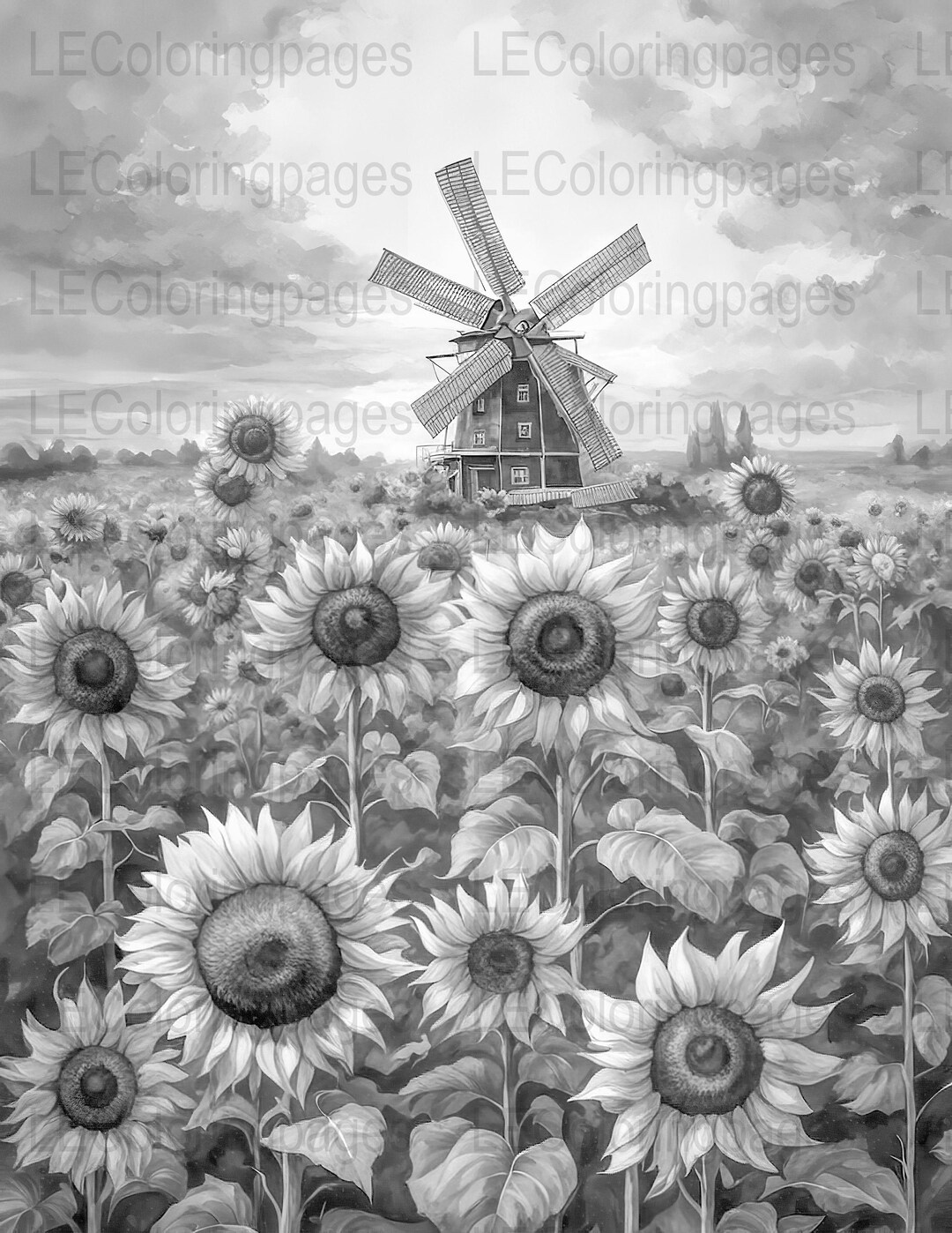 Sunflowers Grayscale Coloring Page for Adults #76 Instant Download ...