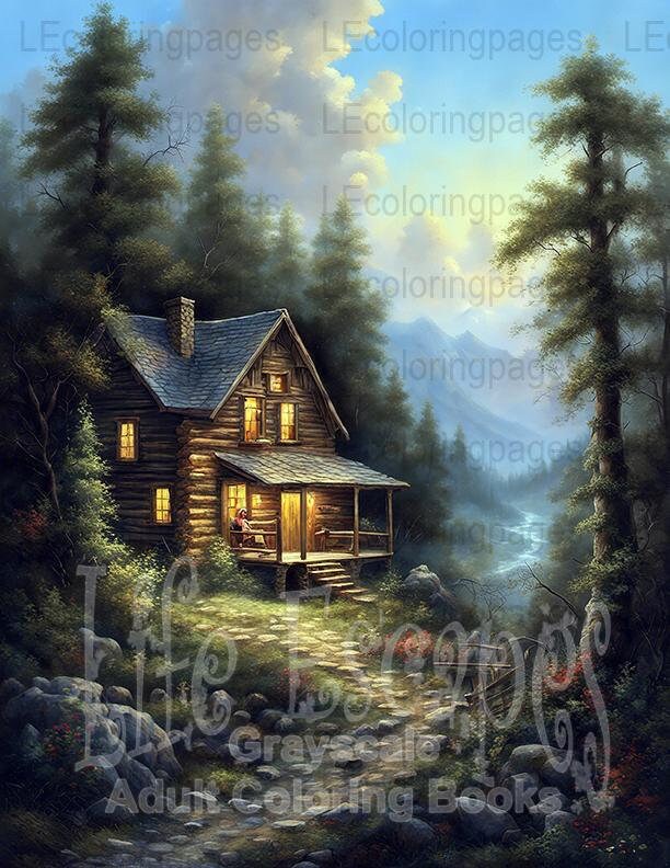 Hunting Cabin Grayscale Coloring Page for Adults 46 Instant - Etsy