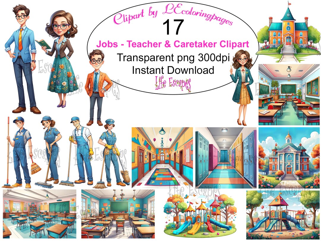 Teacher Clipart Set, School Characters and Classroom Scenery ...