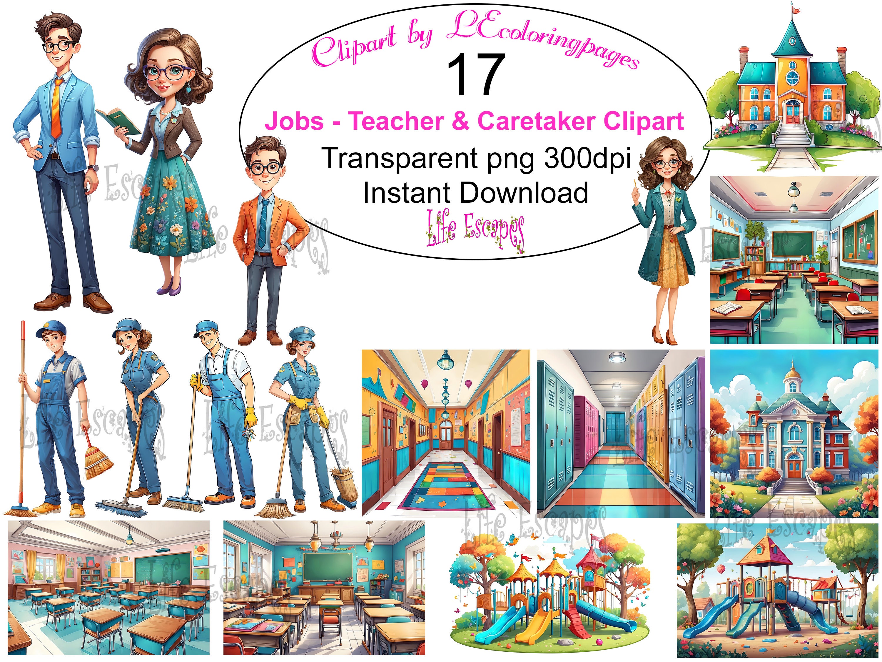 Teacher Clipart Set, School Characters and Classroom Scenery ...