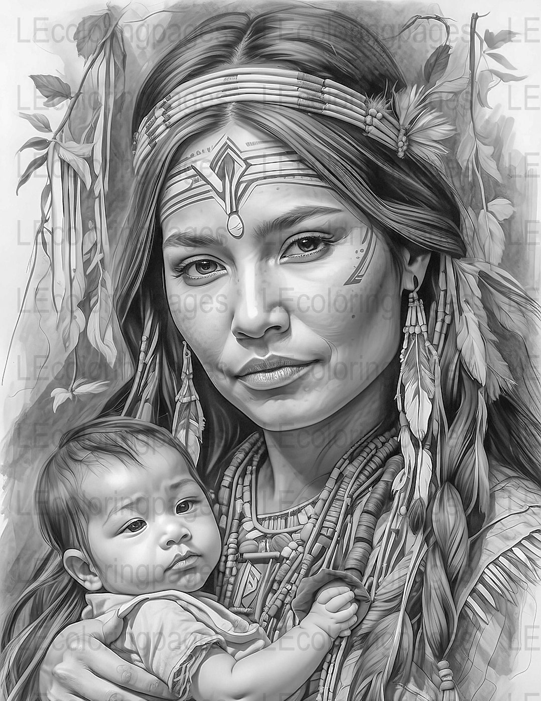 Native American Grayscale Coloring Page for Adults, Art Therapy ...