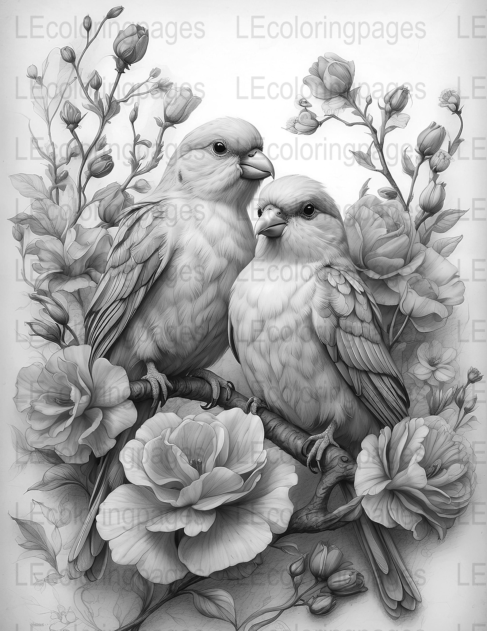 Adult Coloring Page, Birds and Flowers, Grayscale Printable, Stress ...