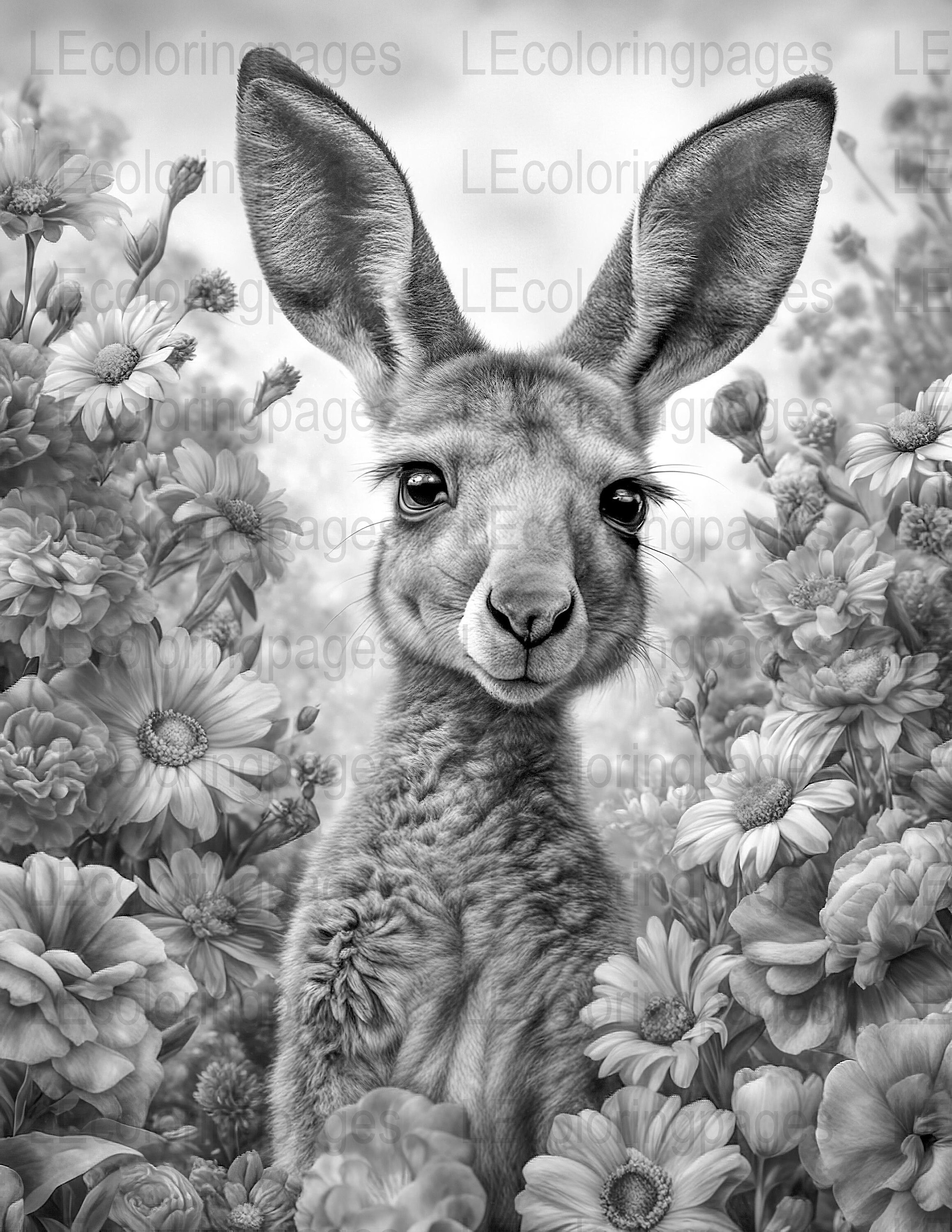 Printable Adult Coloring Page, Grayscale Kangaroo Amidst Flowers ...
