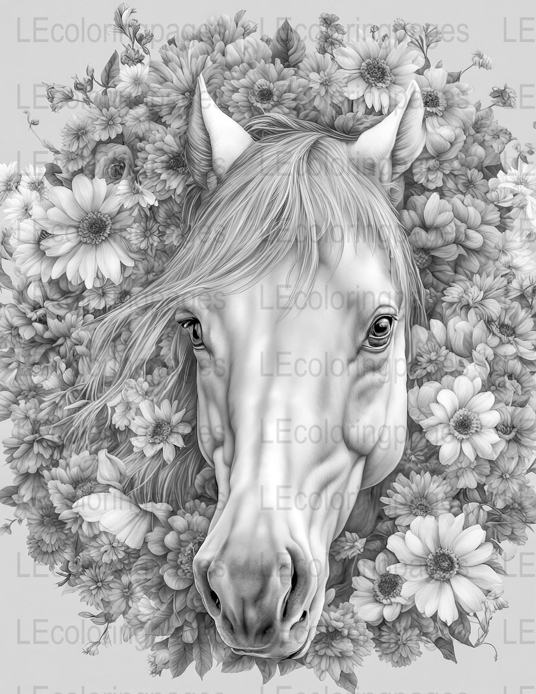Adult Coloring Page Printable, Grayscale Horse Illustration, Floral ...