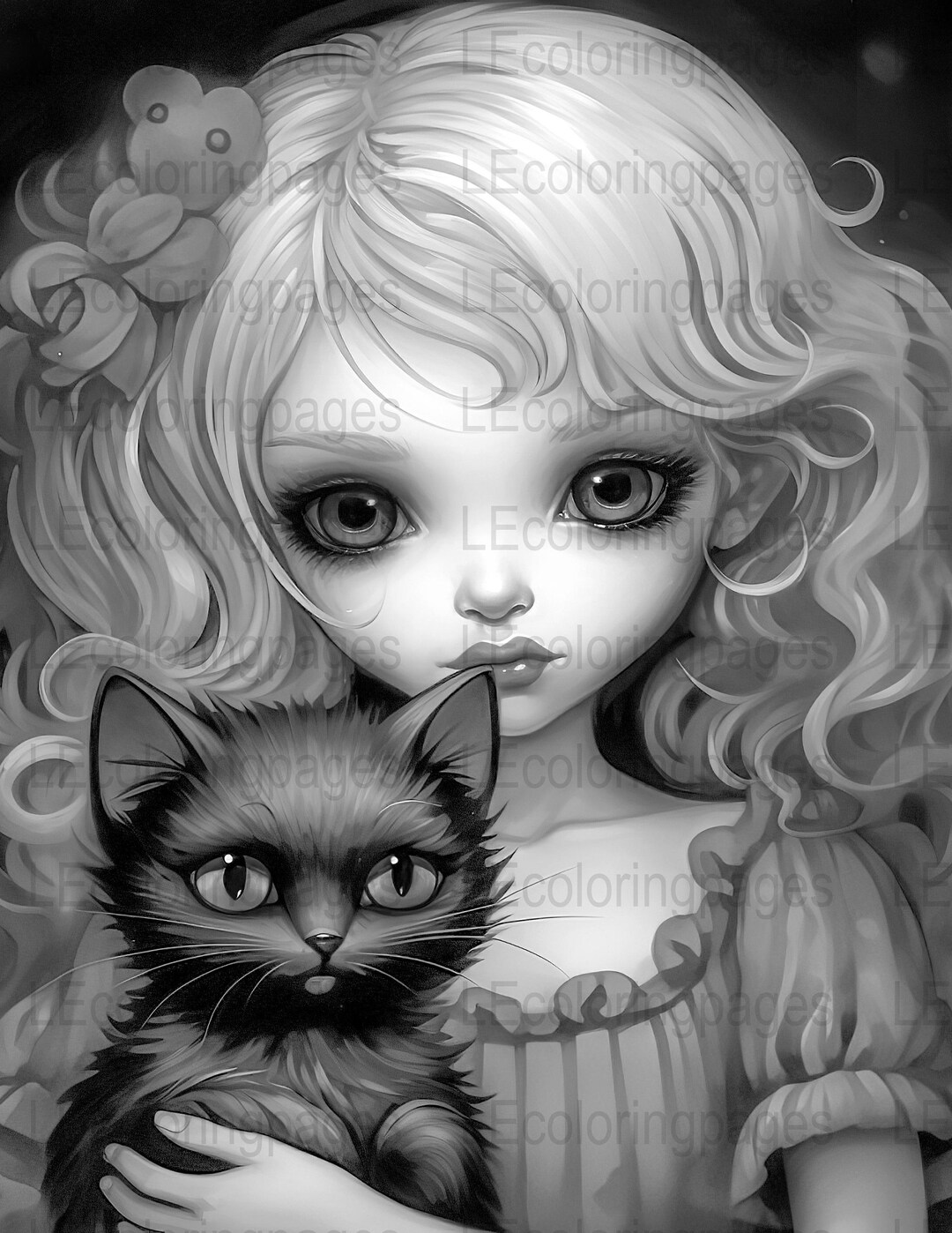 Gothic Cat Girl Grayscale Coloring Page for Adults #96 - Instant ...
