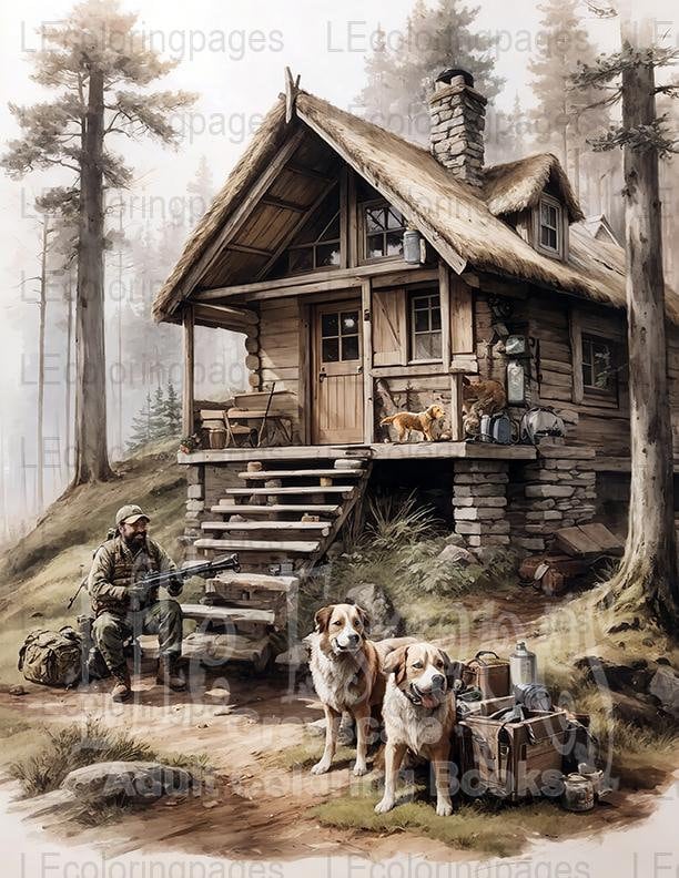 Hunting Cabin Grayscale Coloring Page for Adults #92 - Instant Download ...