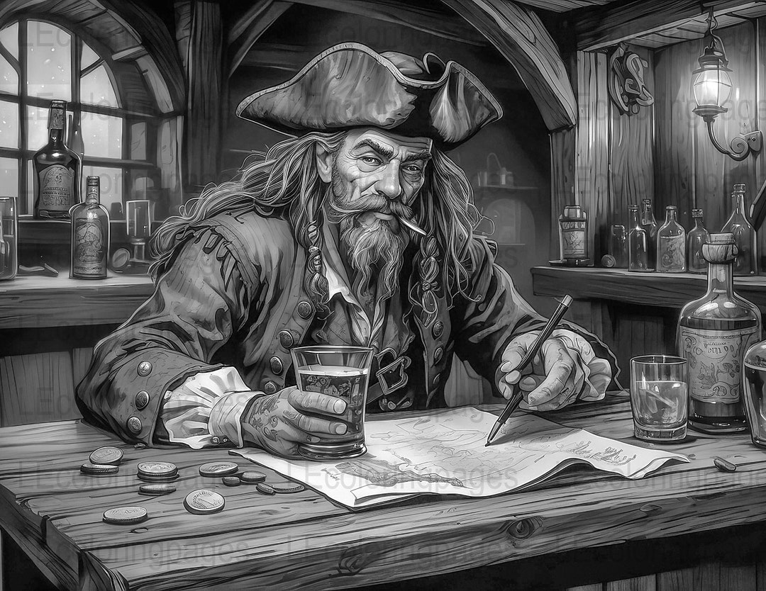 Adult Coloring Page, Printable Pirate Tavern Scene, Grayscale Coloring ...