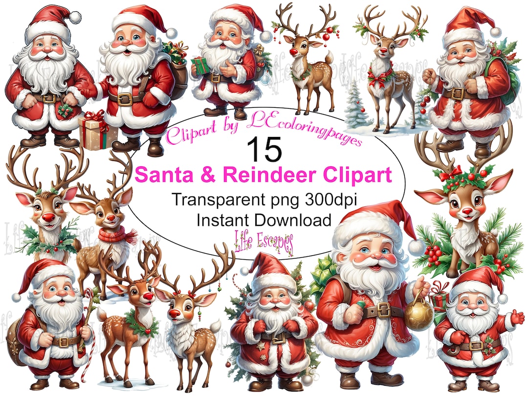 Printable Santa and His Reindeer Clipart Set - Set #1, PNG, Commercial ...