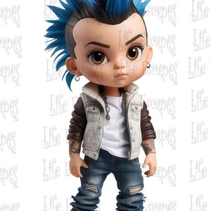 Punk Chibi Kids Clipart Set, Mohawk Hairstyle Cartoon Illustrations ...