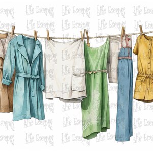 Vintage Laundry Clothesline Clipart Set, Watercolor Clothes ...