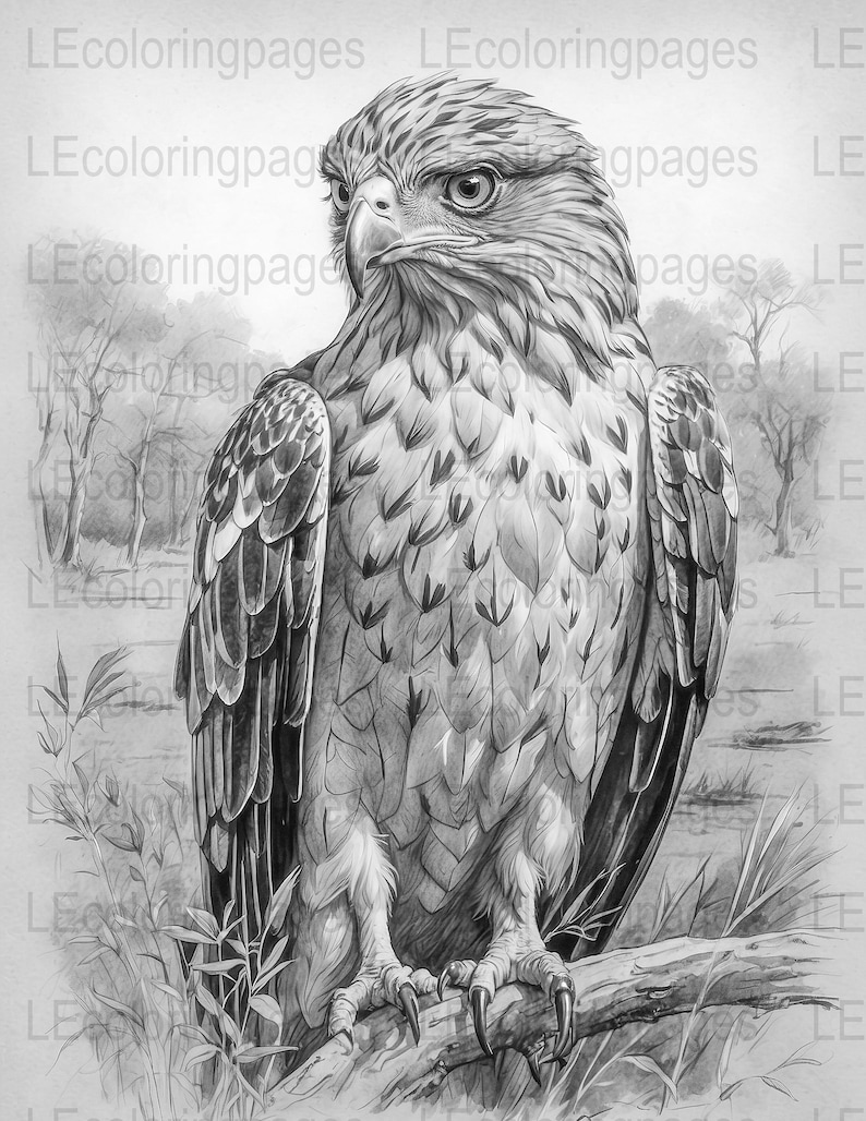 Majestic Hawk Grayscale Coloring Page, Printable Adult Stress Relief ...