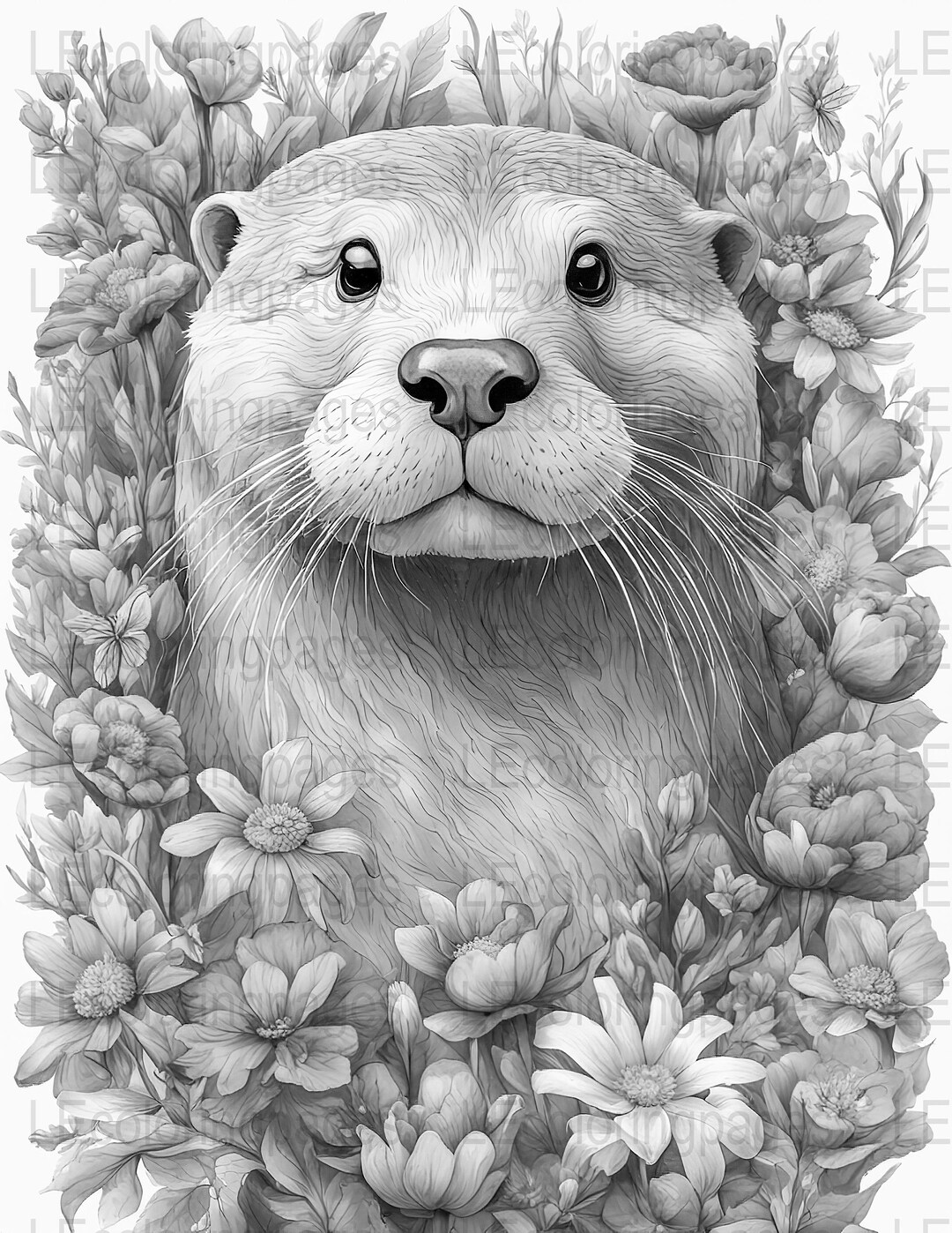 Floral Otter Grayscale Coloring Page, Relaxing Art (instant Download ...