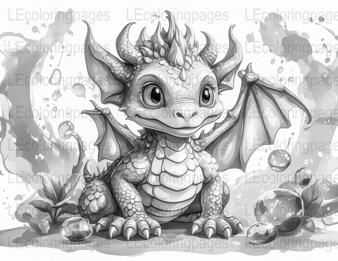 Adorable Dragon Grayscale Coloring Page, Printable Adult Stress Relief ...
