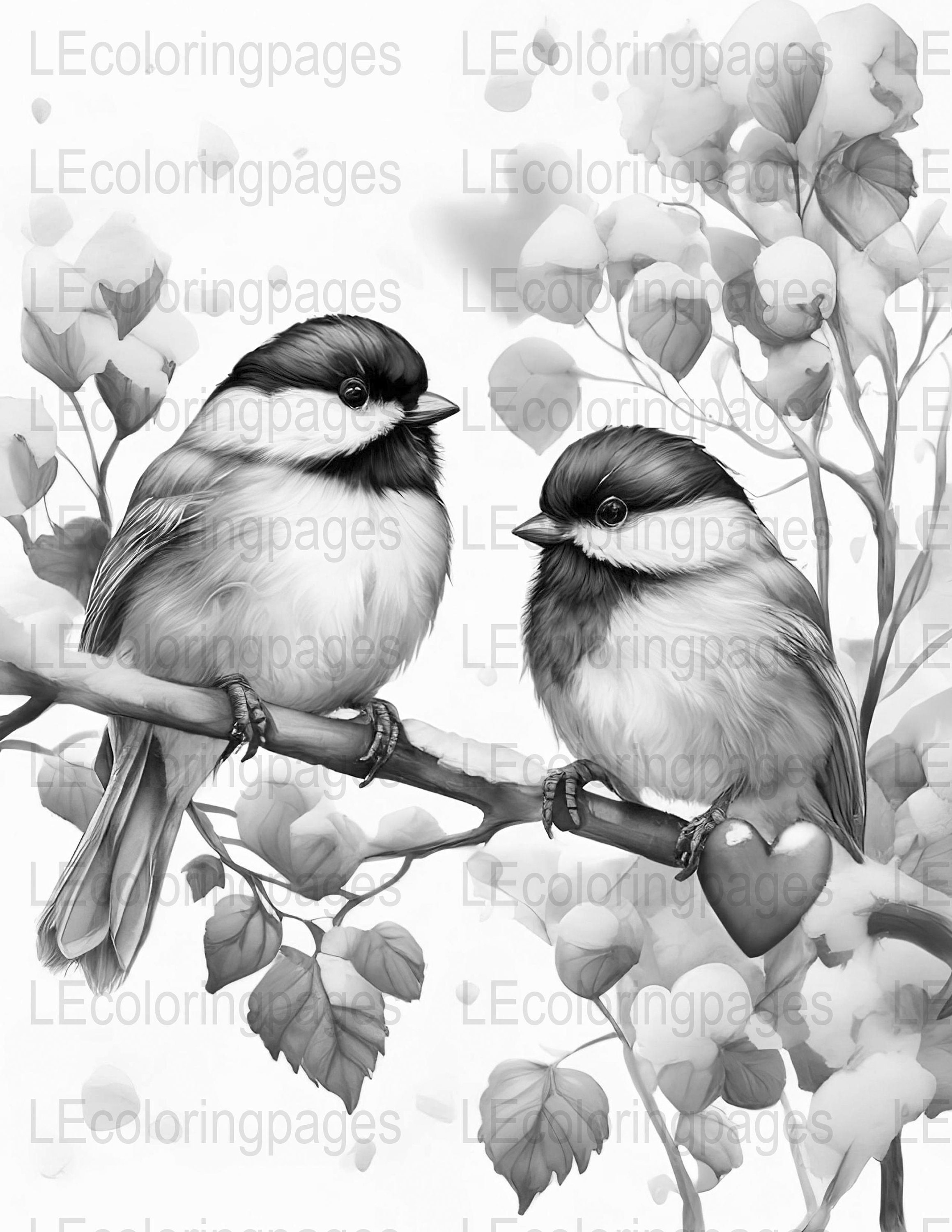 Adult Coloring Page, Grayscale Birds on Branch, Printable Relaxation ...